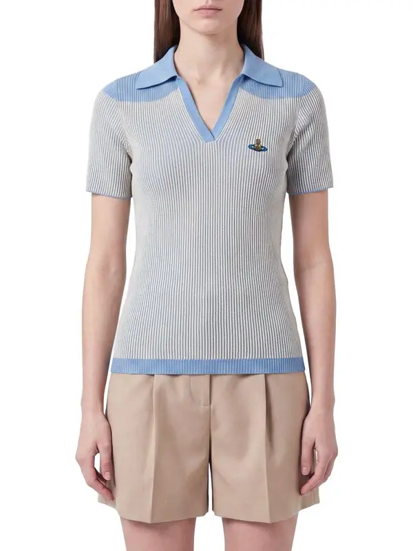 VIVIENNE WESTWOOD Striped Ribbed-knit Polo With V-neck And Orb Logo - Blue