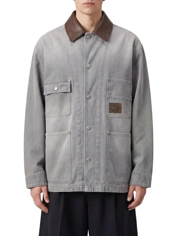 WOOYOUNGMI Cotton Denim Jacket With Leather Collar And Dropped Shoulders - Grey