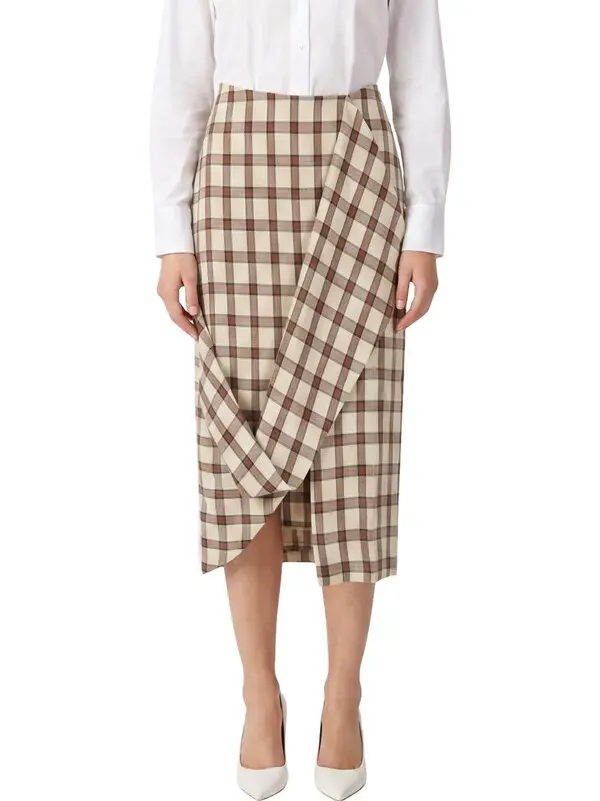 RÓHE Asymmetric High-waisted Check Linen Midi Skirt - Red