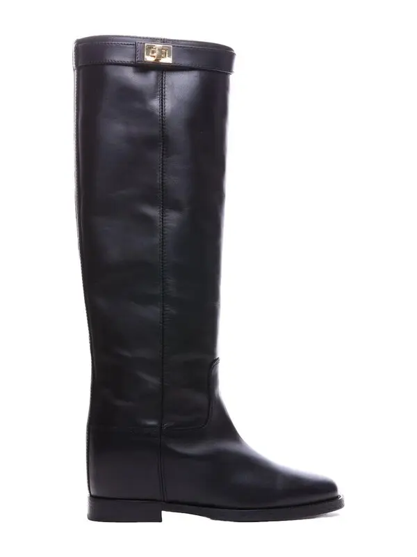 VIA ROMA 15 Flat Knee-high Boots With Buckle Detail - Black