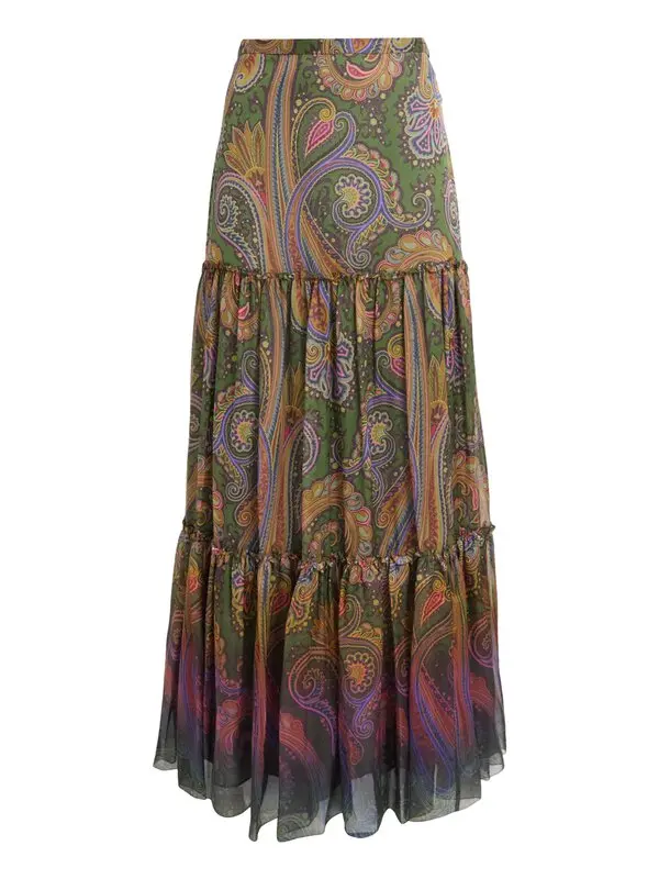 Etro Silk Paisley Tiered Maxi Skirt - Green