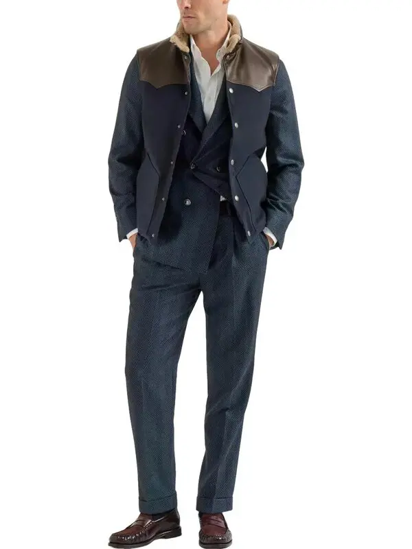 Brunello Cucinelli Cashmere And Silk Chevron Flannel Trousers With Pleat - Blue