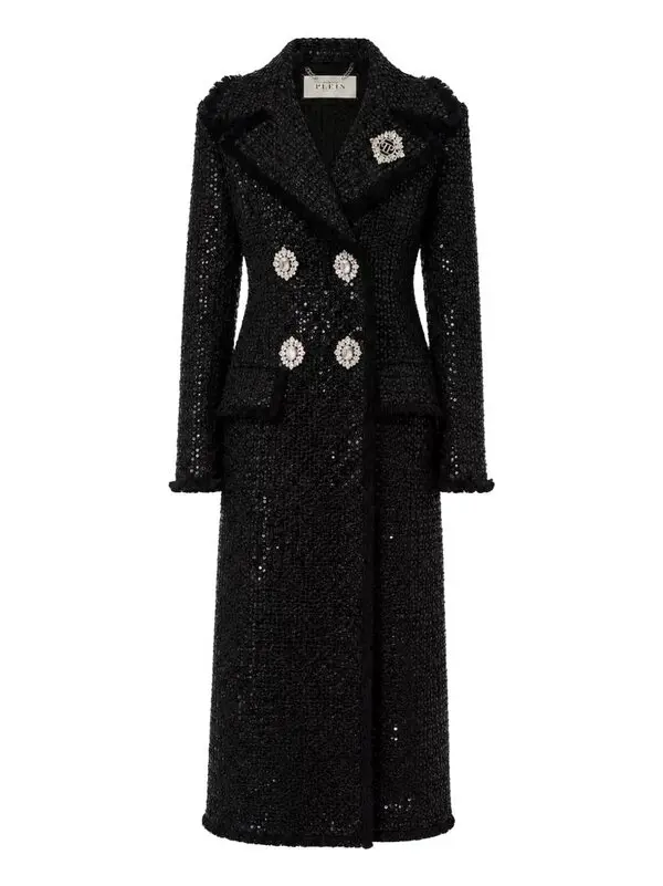 Philipp Plein Tweed Long Coat With Sequins And Jeweled Buttons - Black