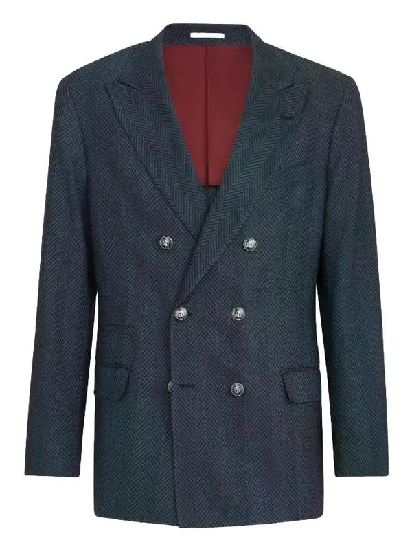 Brunello Cucinelli Cashmere And Silk Chevron Flannel One-and-a-half Breasted Deconstructed Blazer With Metal Buttons - Blue