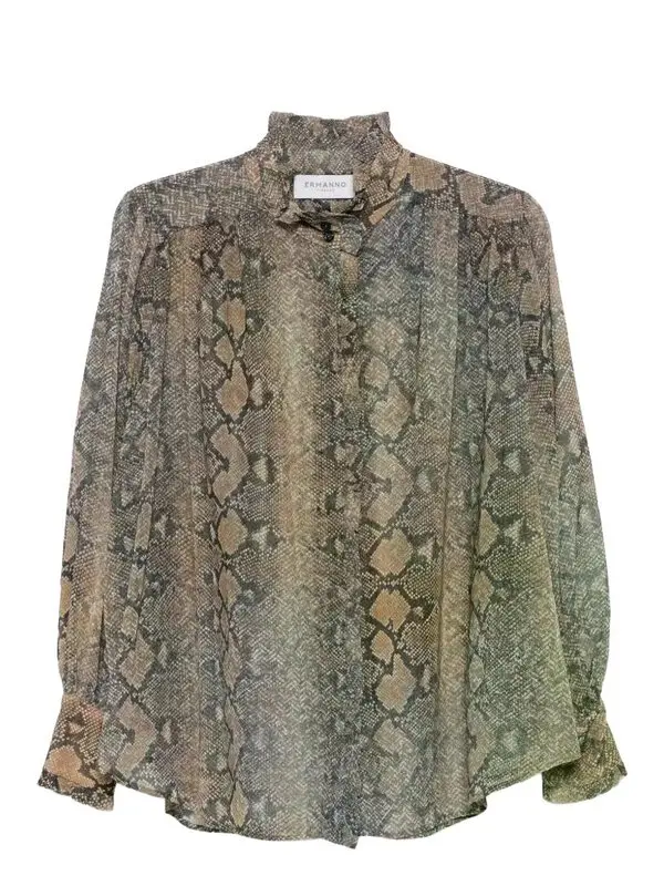 ERMANNO FIRENZE Snake Print Ruffled High Neck Shirt - Neutrals