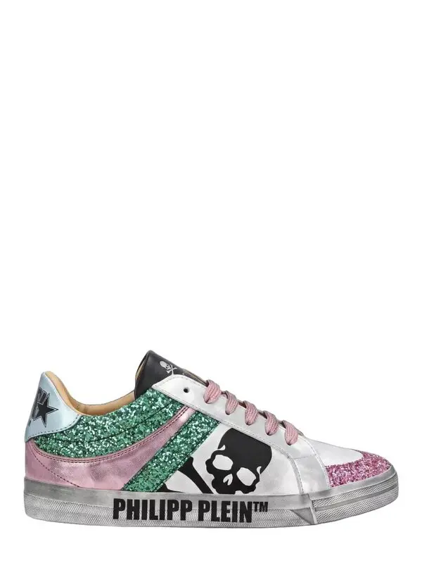 Philipp Plein Nappa Leather Glitter Skull Lo-top Sneakers - Silver