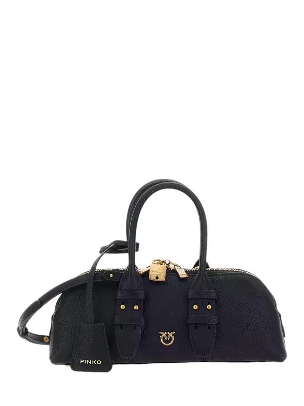 Pinko Grained Leather Shoulder Bag With Love Birds Plaque - Black