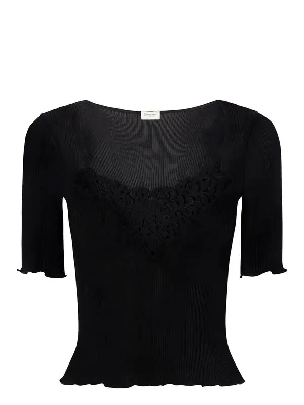 Saint Laurent Guipure Lace-trimmed Ribbed Silk T-shirt - Black