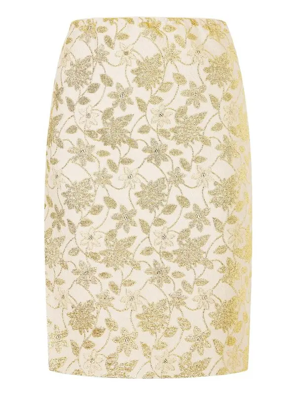 Saint Laurent Floral Brocade Midi Skirt - Gold