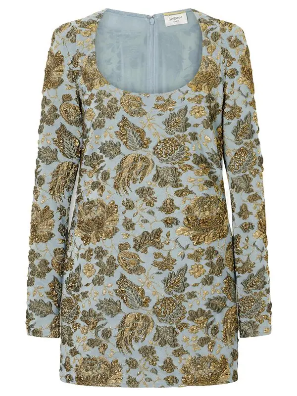 Saint Laurent Jardin Brocade Mini Dress - Blue