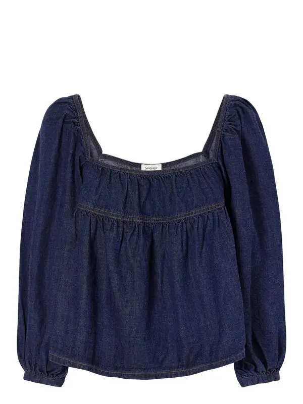 Saint Laurent Gathered Denim Blouse - Blue