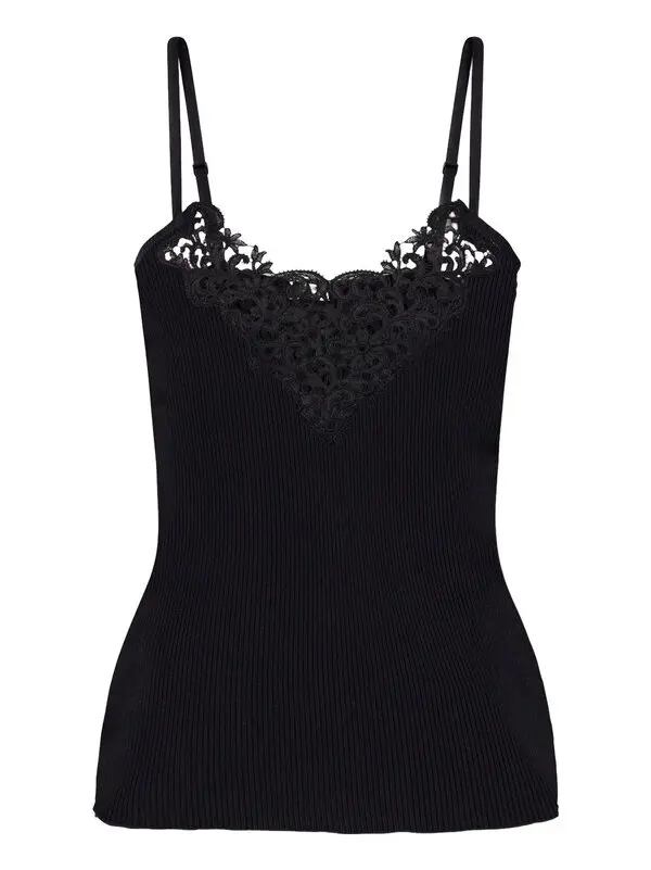 Saint Laurent Lace-trimmed Ribbed Silk Tank - Black