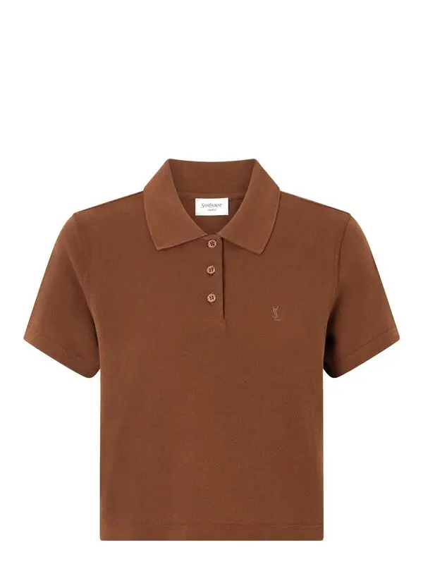 Saint Laurent Cassandre Embroidered Cropped Cotton-piqué Polo Shirt - Brown