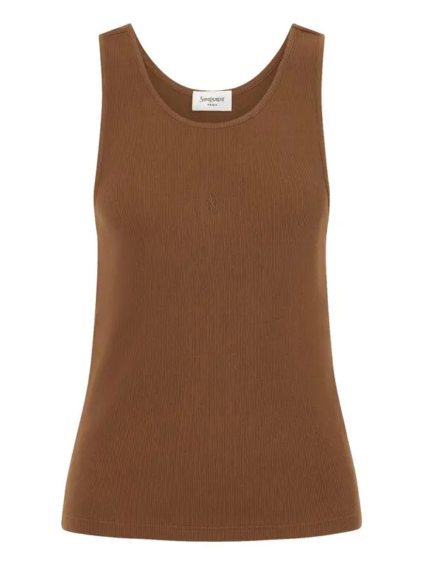 Saint Laurent Cassandre Embroidered Ribbed Cotton-jersey Tank - Brown