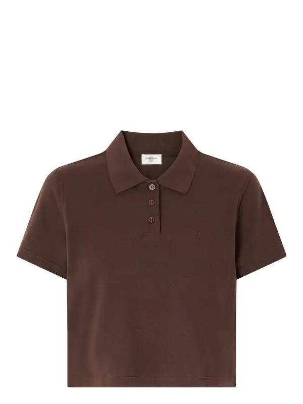 Saint Laurent Cassandre Embroidered Cropped Cotton-piqué Polo Shirt - Brown