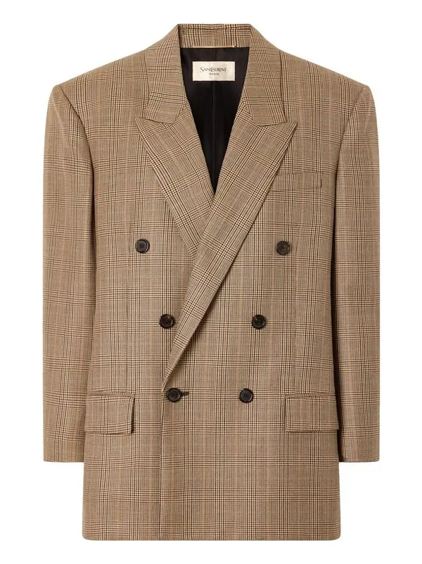 Saint Laurent Double-breasted Prince Of Wales Wool Blazer - Brown