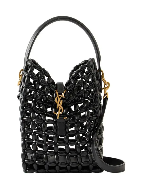Saint Laurent Le 37 Mini Logo-embellished Leather-trimmed Beaded Wood Shoulder Bag - Black