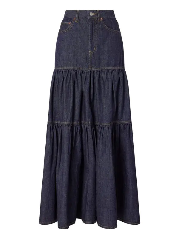Saint Laurent Tiered Denim Maxi Skirt - Blue