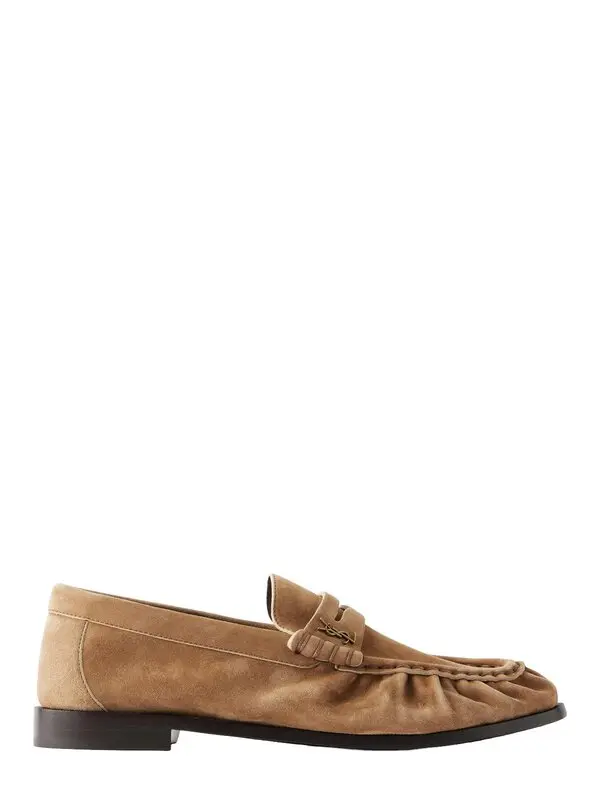 Saint Laurent Le Loafer Cassandre-embellished Suede Loafers - Neutrals