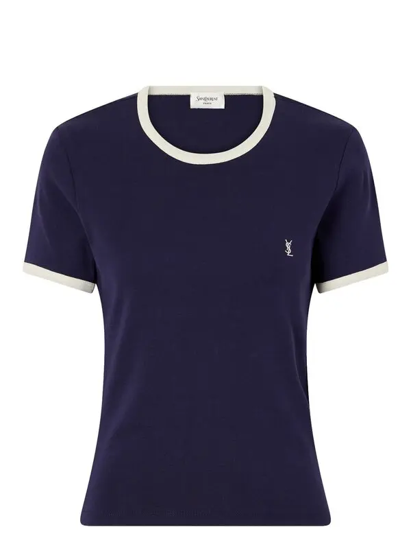 Saint Laurent Cassandre Embroidered Cotton-jersey T-shirt - Blue