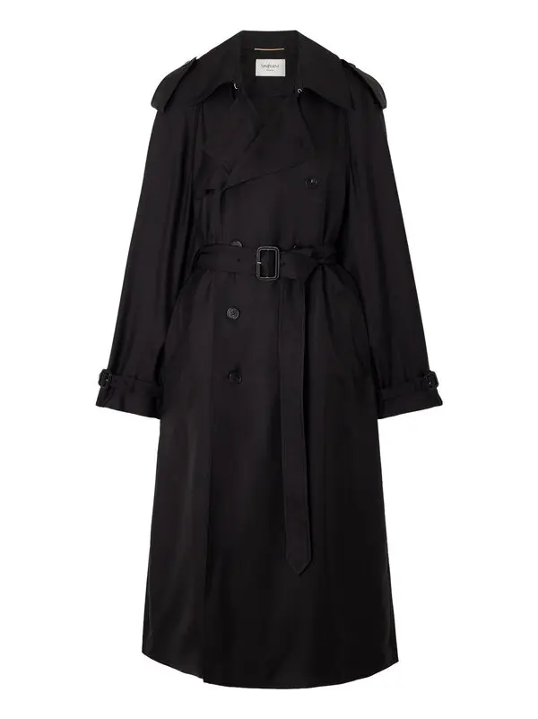 Saint Laurent Double-breasted Belted Silk-twill Trench Coat - Black