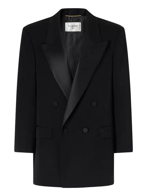 Saint Laurent Double-breasted Satin-trimmed Grain De Poudre Wool Blazer - Black
