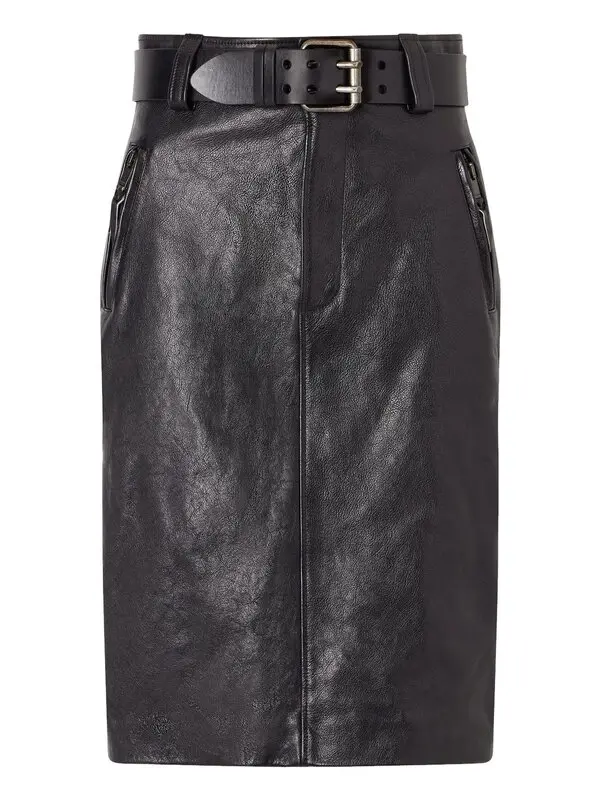 Saint Laurent Belted Textured Leather Midi Skirt - Black