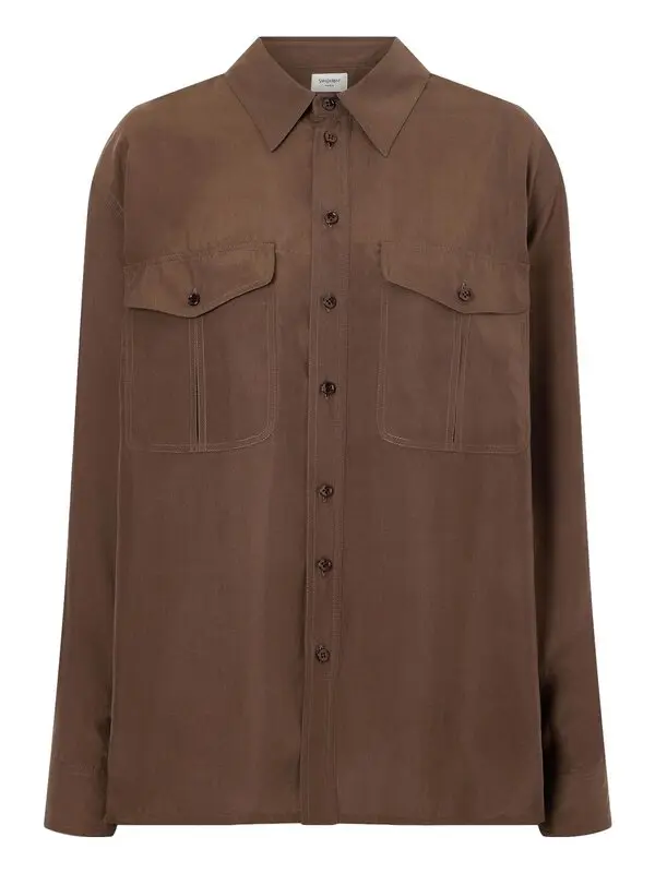 Saint Laurent Silk Habotai Shirt With Pointed Collar And Pockets - Brown