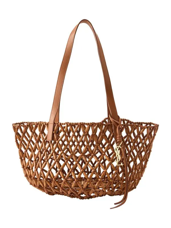 Saint Laurent Small Panier Woven Wood Bead Tote - Red