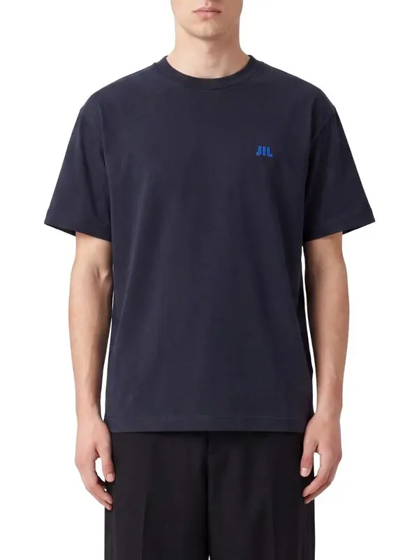 JIL SANDER Cotton Crewneck T-shirt With Contrast Logo On Chest - Blue