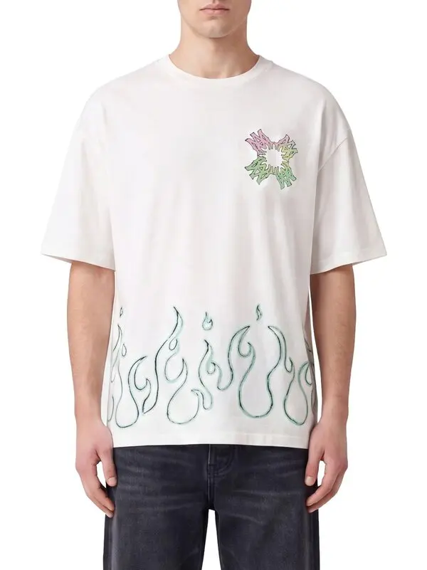 Amiri Cotton T-shirt With Flame Monogram Print And Dropped Shoulders - Ivory