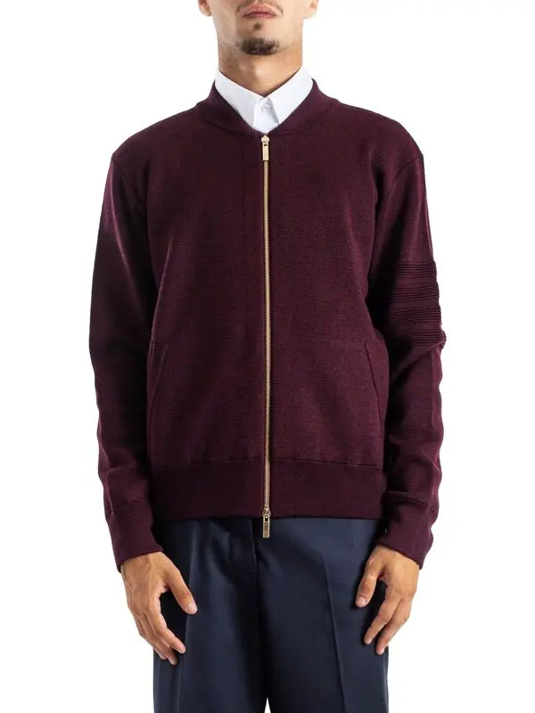 Thom Browne Wool Knit Zip-up Sweatshirt With Bomber Collar And 4-bar Motif - Burgundy