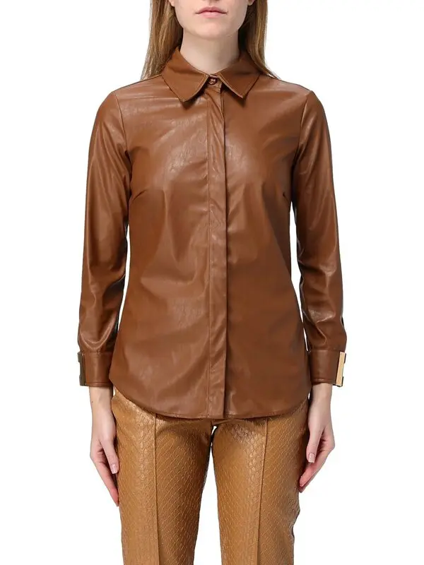 Elisabetta Franchi Faux Leather Shirt With Logo Detail Cuffs - Brown