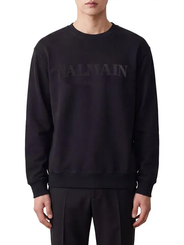Balmain Crewneck Cotton Sweatshirt With Tone-on-tone Printed Logo - Black