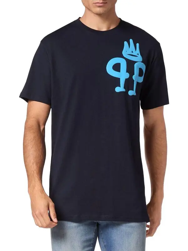 Philipp Plein Dropped Shoulder Cotton T-shirt With Monogram Logo - Blue