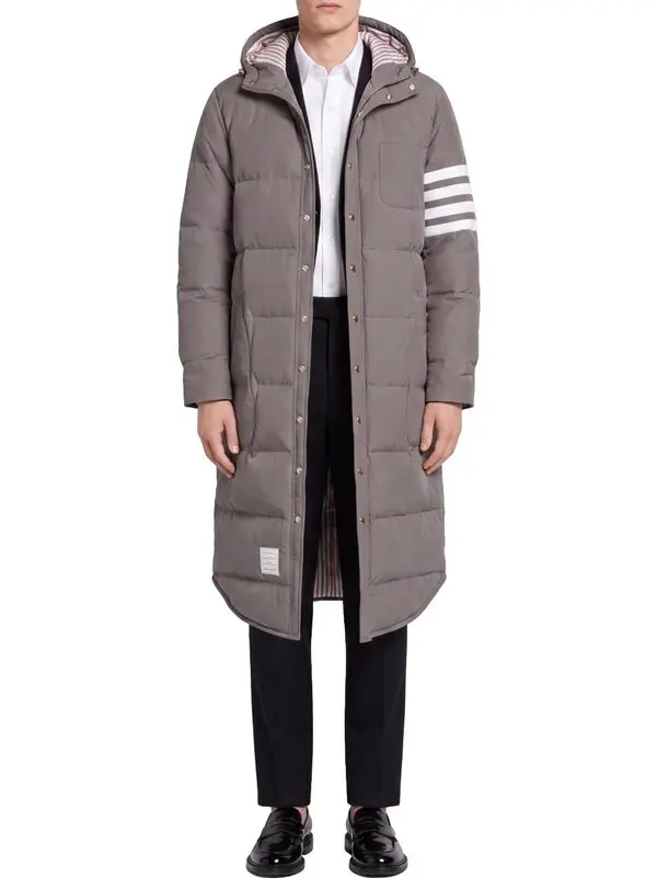 Thom Browne Hooded Nylon Down Jacket With 4-bar Stripe - Grey