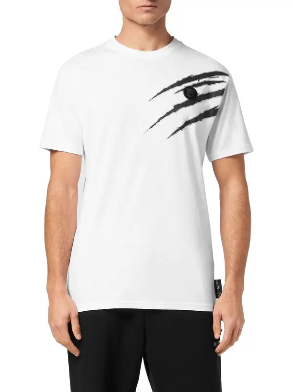 PLEIN SPORT Slim Fit Cotton T-shirt With Graphic Print And Dropped Shoulders - White