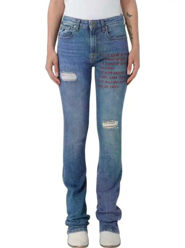 VICTORY GATE Distressed Slogan-print Jeans - Blue