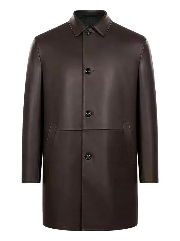 Kiton Single-breasted Leather Coat - Brown