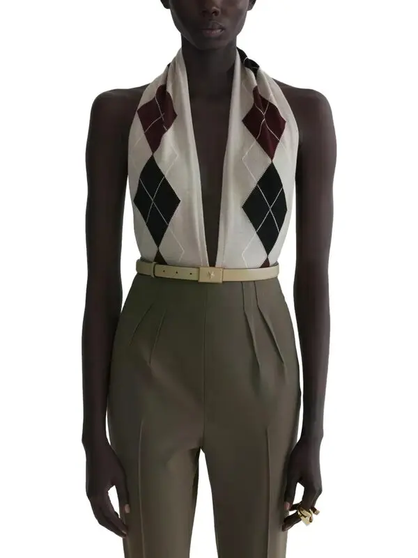 MUGLER Cashmere Argyle Halterneck Bodysuit - Neutrals