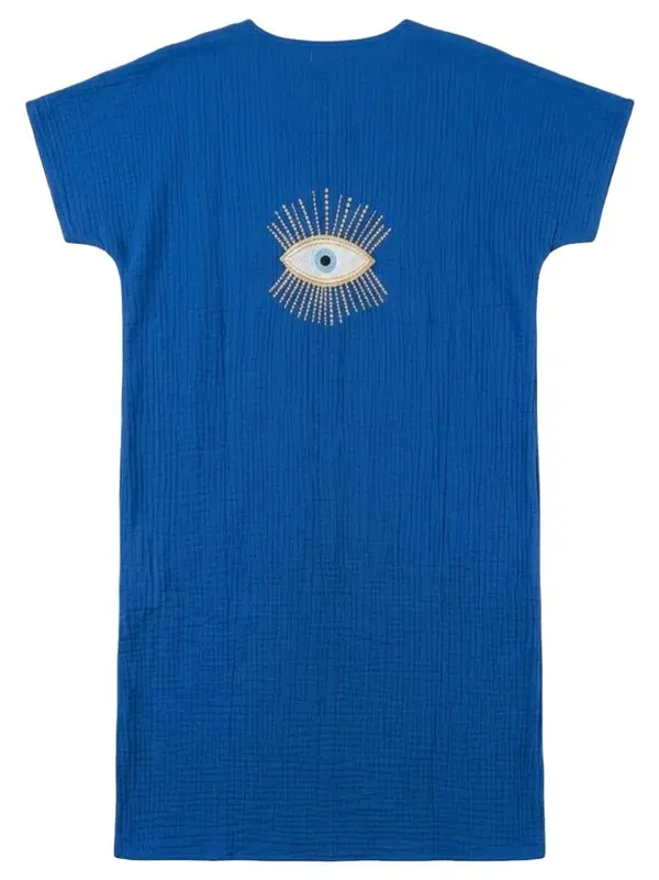CASA DUNIYA Cotton Evil Eye Embroidery Soleil Swimsuit Cover-up - Blue