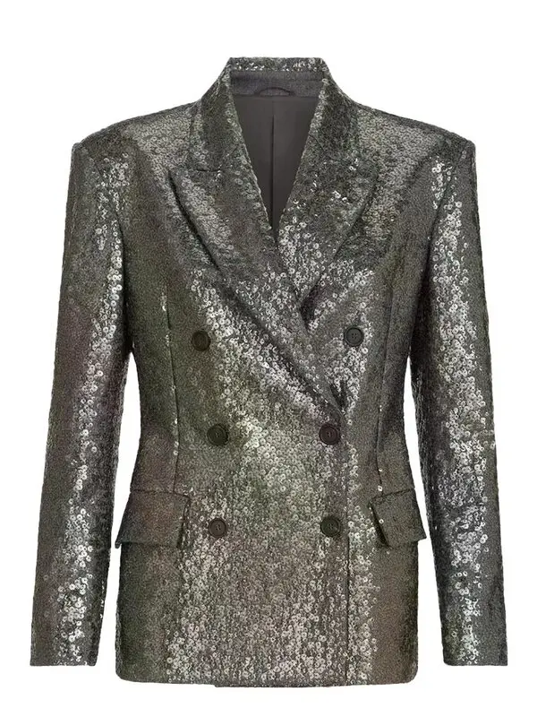 Brunello Cucinelli Double-breasted Sequined Virgin Wool Flannel Blazer - Grey
