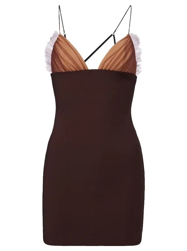 NENSI DOJAKA Tulle-trimmed Ruched Jersey Minidress - Brown