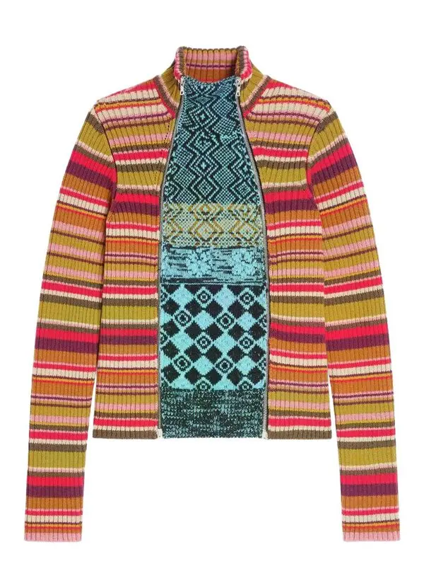 Dries Van Noten Ribbed Wool Cardigan With Jacquard Patch And Multi-colored Stripes - Red
