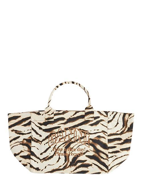 GANNI Zebra Print Cotton Shopper Tote Bag - Egret