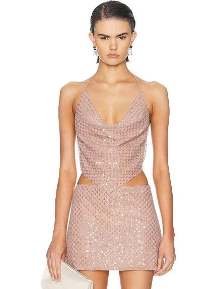 Retrofete Bethely Sequin Halter Neck Top - Truffle