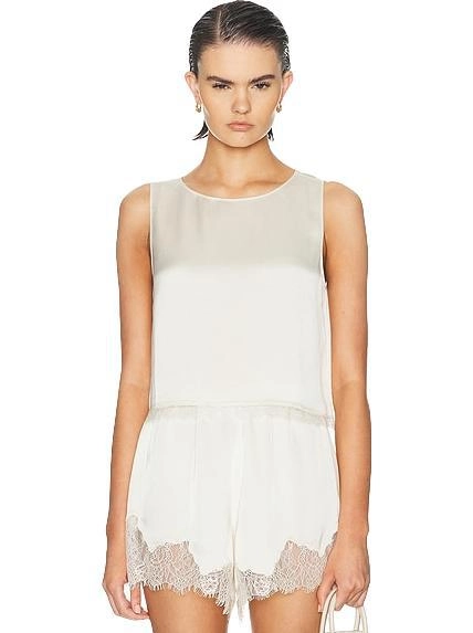 LESET Barb Lace Trim Sleeveless Crew Neck Top - Creme