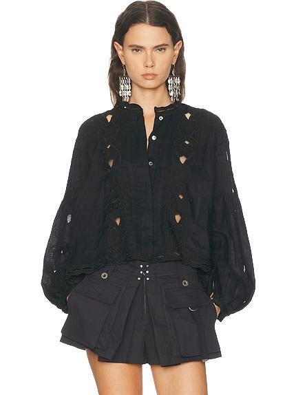 Isabel Marant Étoile Embroidered Floral Linen Top - Black