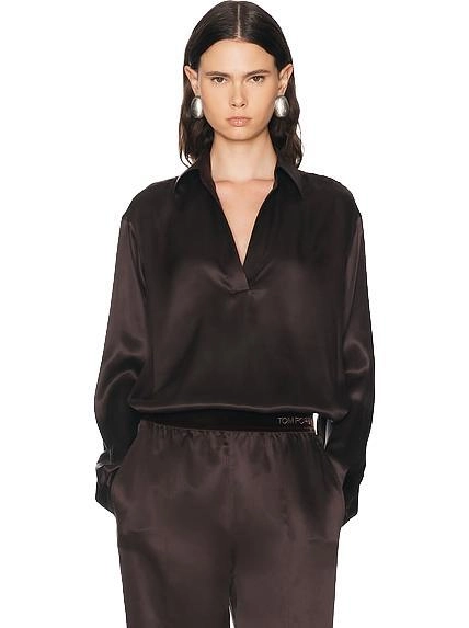 TOM FORD Silk Satin Polo Top - Espresso
