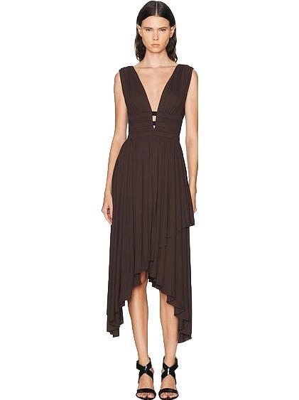 Alaïa V-neck Midi Dress With Asymmetric Hem - Chocolat
